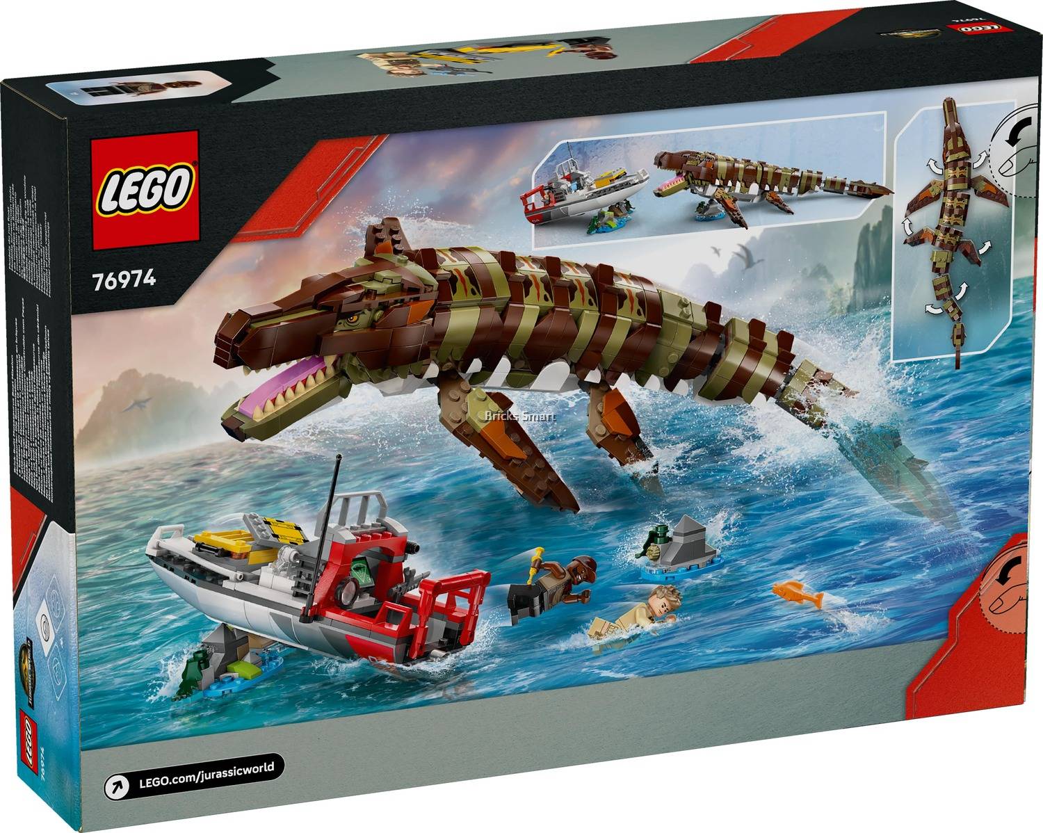 LEGO 76974 Jurassic Brick-Built Mosasaurus Boat Mission Building Toy Set